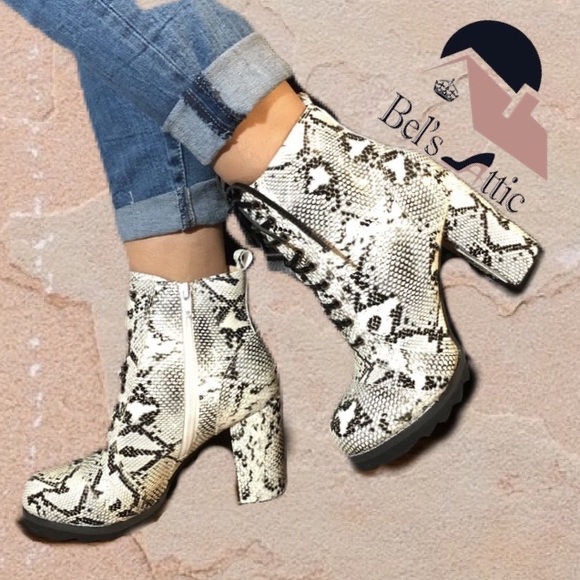 Shoes | Snake Print Lace Up Heeled Lug Sole Combat Boots | Poshmark